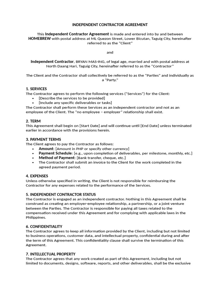 Independent Contractor Agreement 1 | PDF | Employment | Business