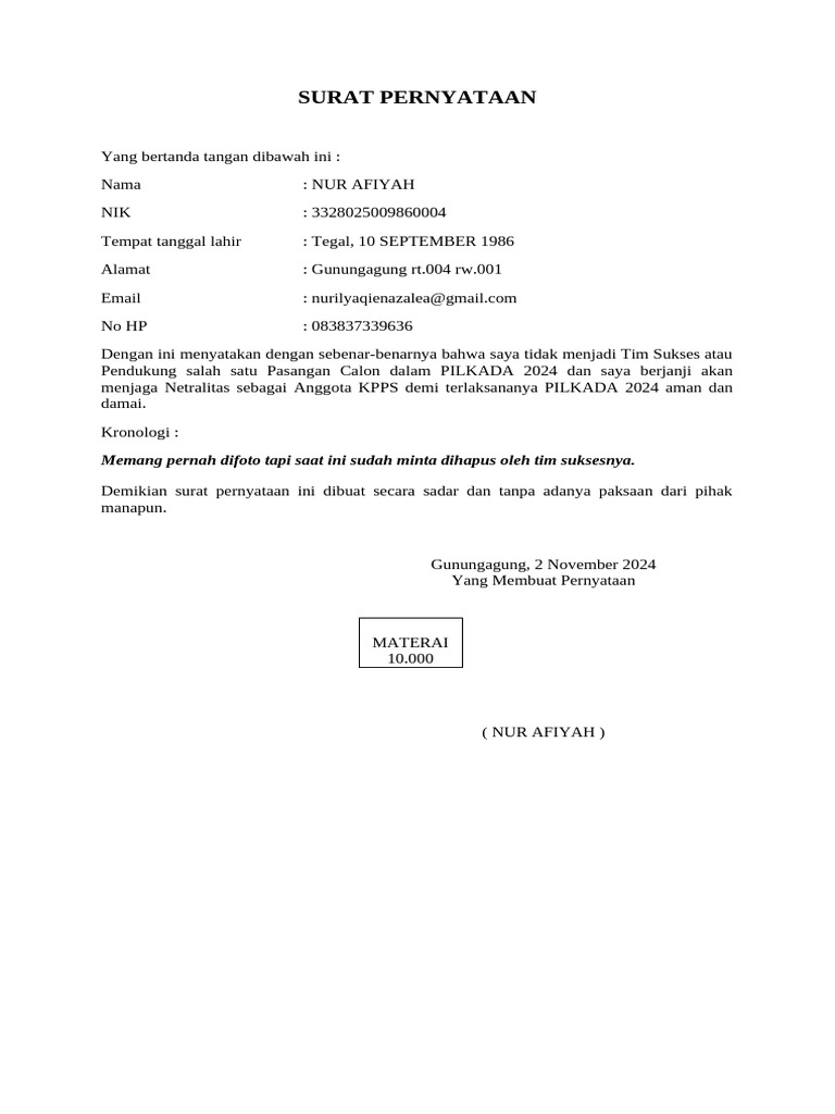 SURAT PERNYATAAN NETRALITAS KPPS PILKADA 2024 - Copy[1] | PDF