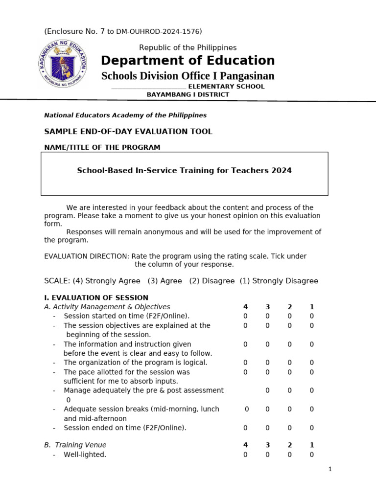 Enclosure No. 7 Sample End-of-Day Evaluation Tool | PDF | Human ...