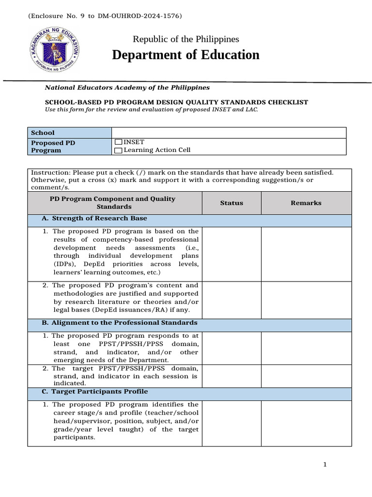 Enclosure No. 9 School-Based PD Program Design Quality Standards Checklist | PDF | Educational ...