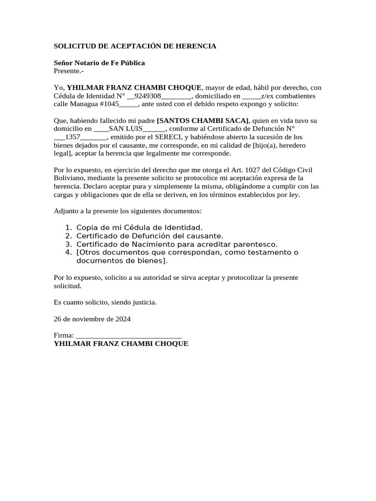 Solicitud de Aceptación de Herencia | PDF