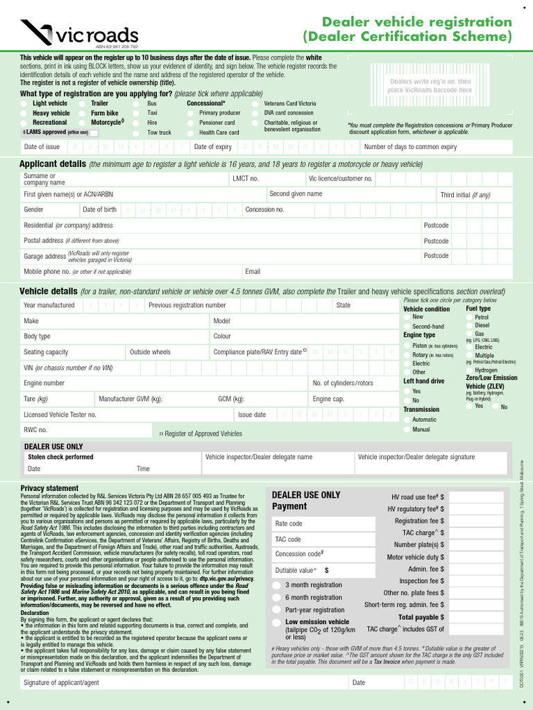 Dealer Vehicle Registration Form | PDF | Semi Trailer Truck | Engines