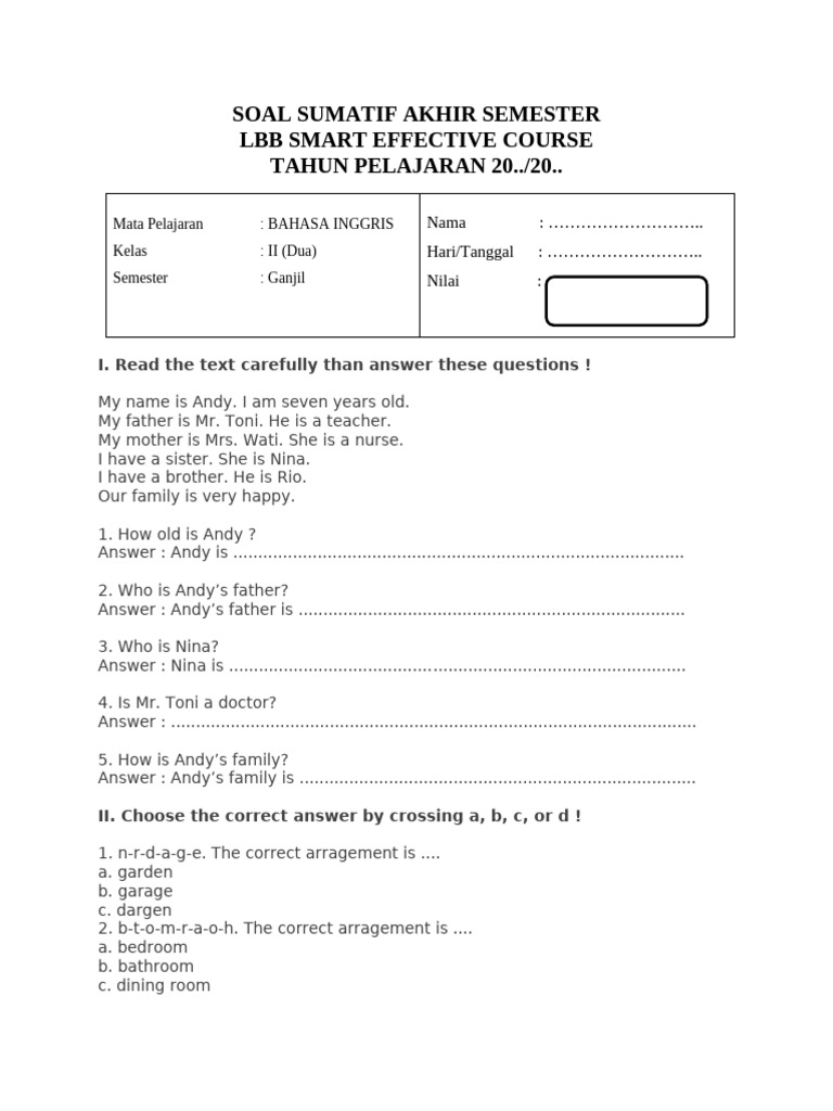 Soal Pas Bing Kelas 2 Semester 1 | PDF