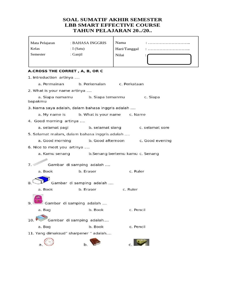SOAL PAS BING KELAS 1 | PDF