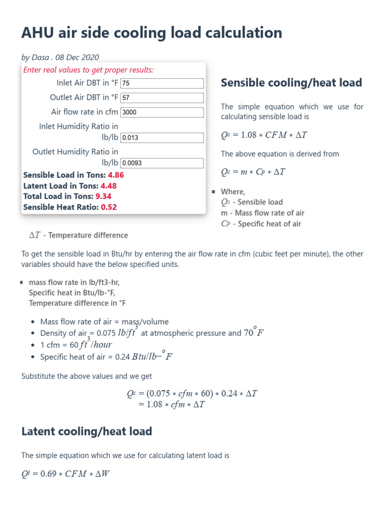 AHU Cooling Load Calculation Guide | PDF | Latent Heat | Flow Measurement