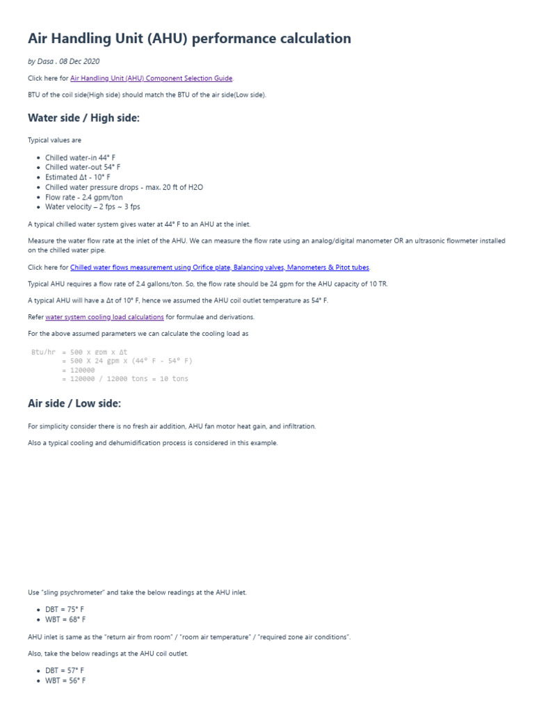Air Handling Unit (AHU) Performance Calculation | PDF | Humidity | Flow ...