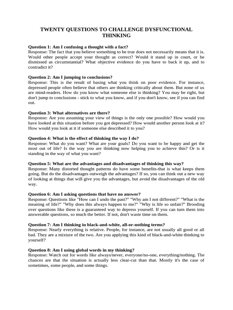 Twenty Questions To Challenge Dysfunctional Thinking | PDF | Thought ...