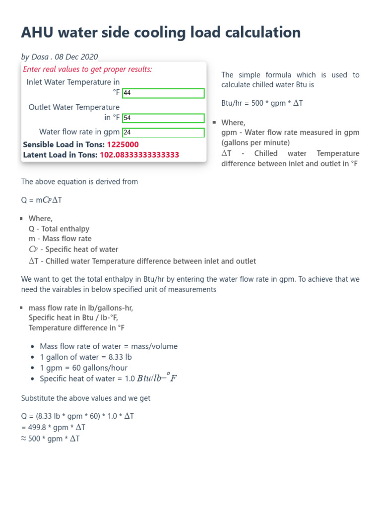 AHU Water Cooling Load Calculation Guide | PDF