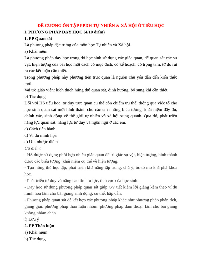 ĐỀ CƯƠNG ÔN TẬP PPDH TNXH Ở TIỂU HỌC | PDF