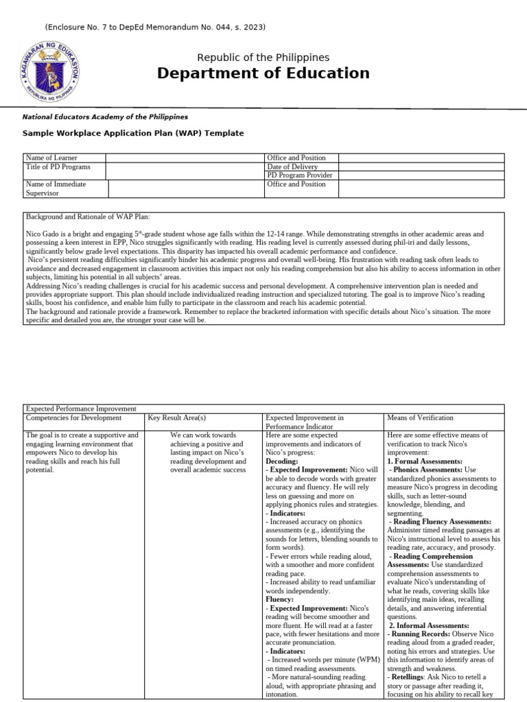 Workplace-Application-Plan-WAP-NECY2 | PDF | Reading Comprehension ...