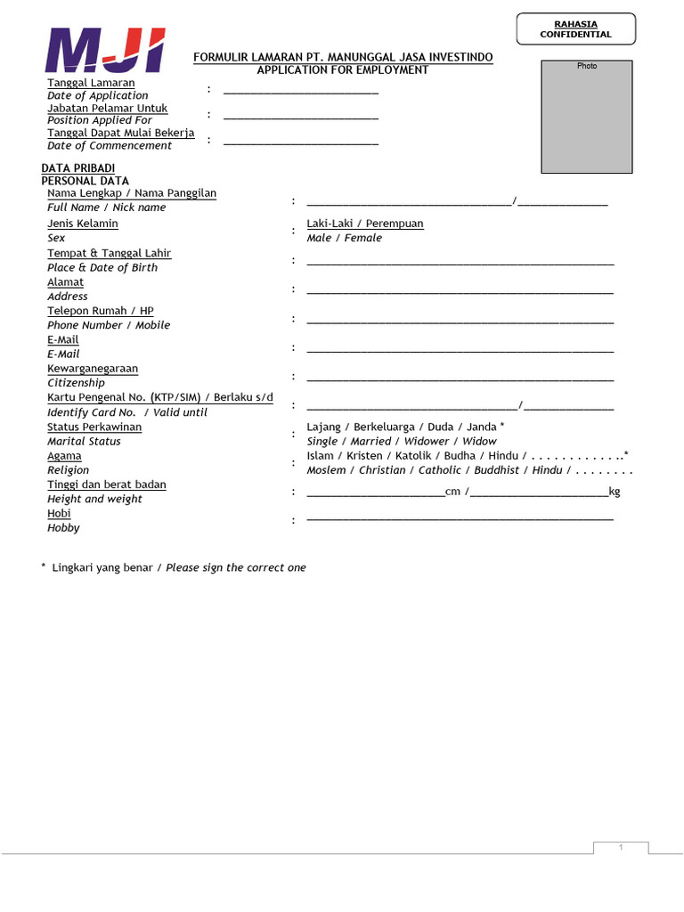 Form Biodata Pelamar PT - MJI | PDF