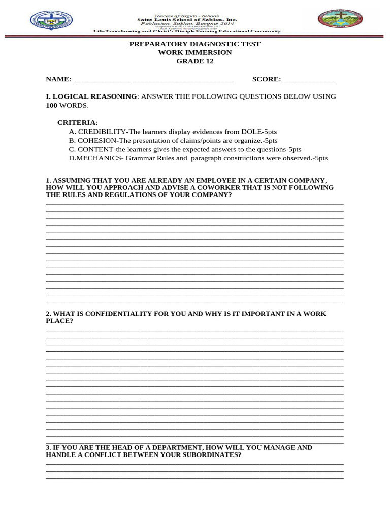 Grade 12 Work Immersion Diagnostic Test | PDF