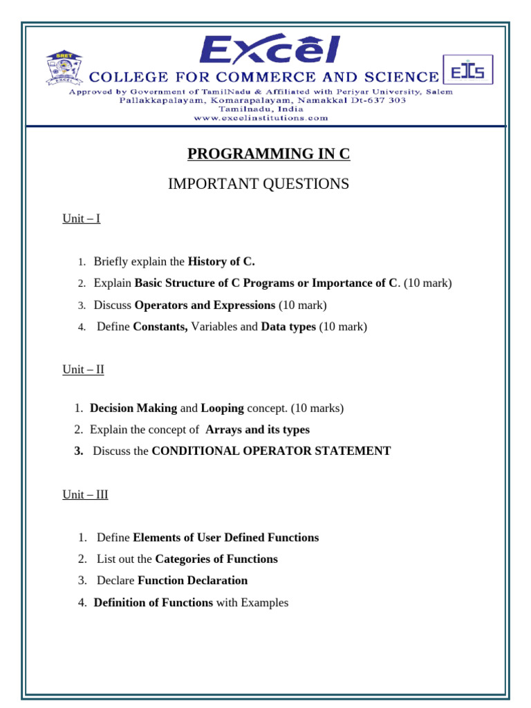 PROGRAMMING IN C Important Questios | PDF
