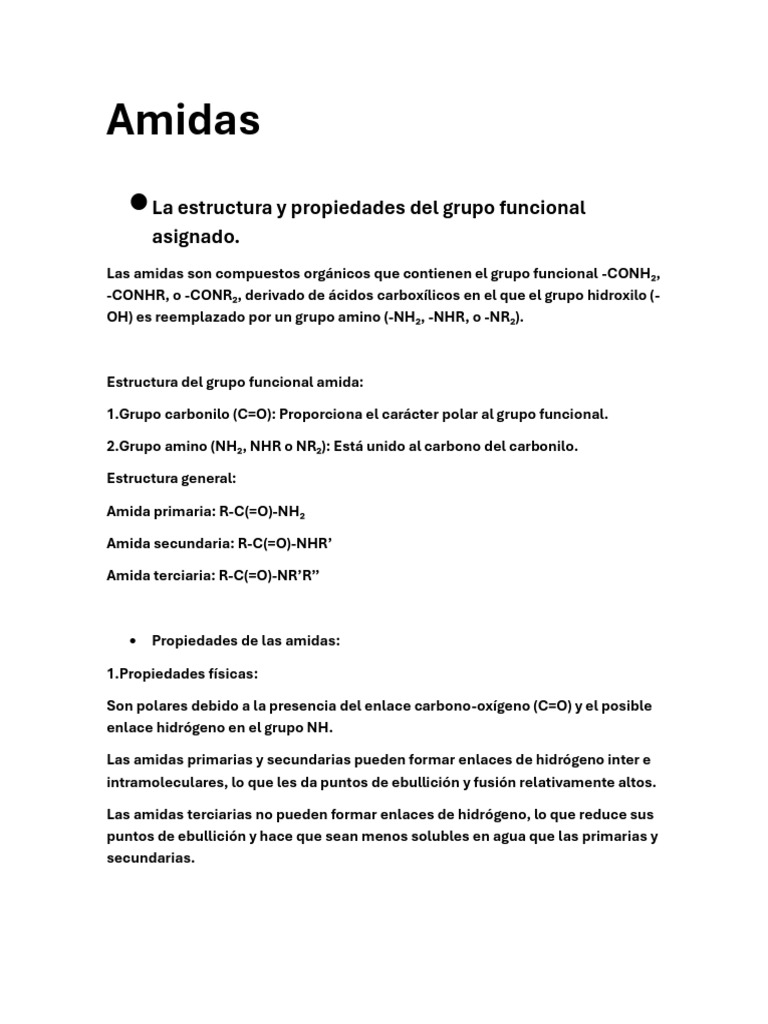 Estructura y propiedades de las amidas | PDF | Amida | Grupo funcional