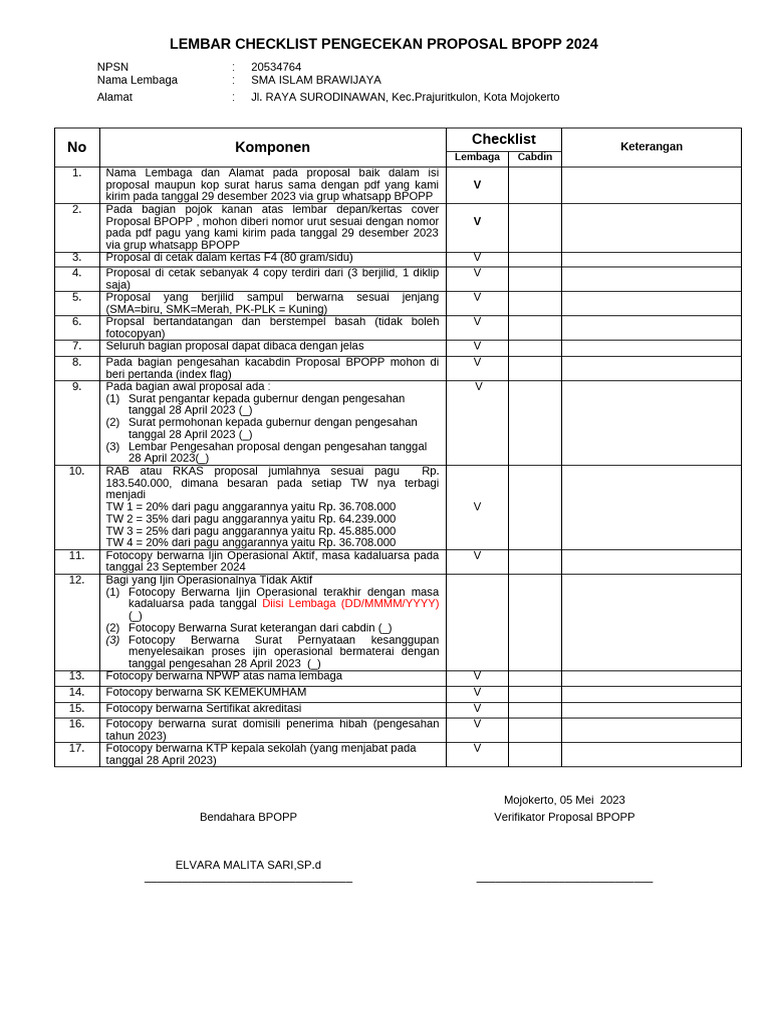 Lembar Checklist Proposal Bpopp 2024 Smai | PDF