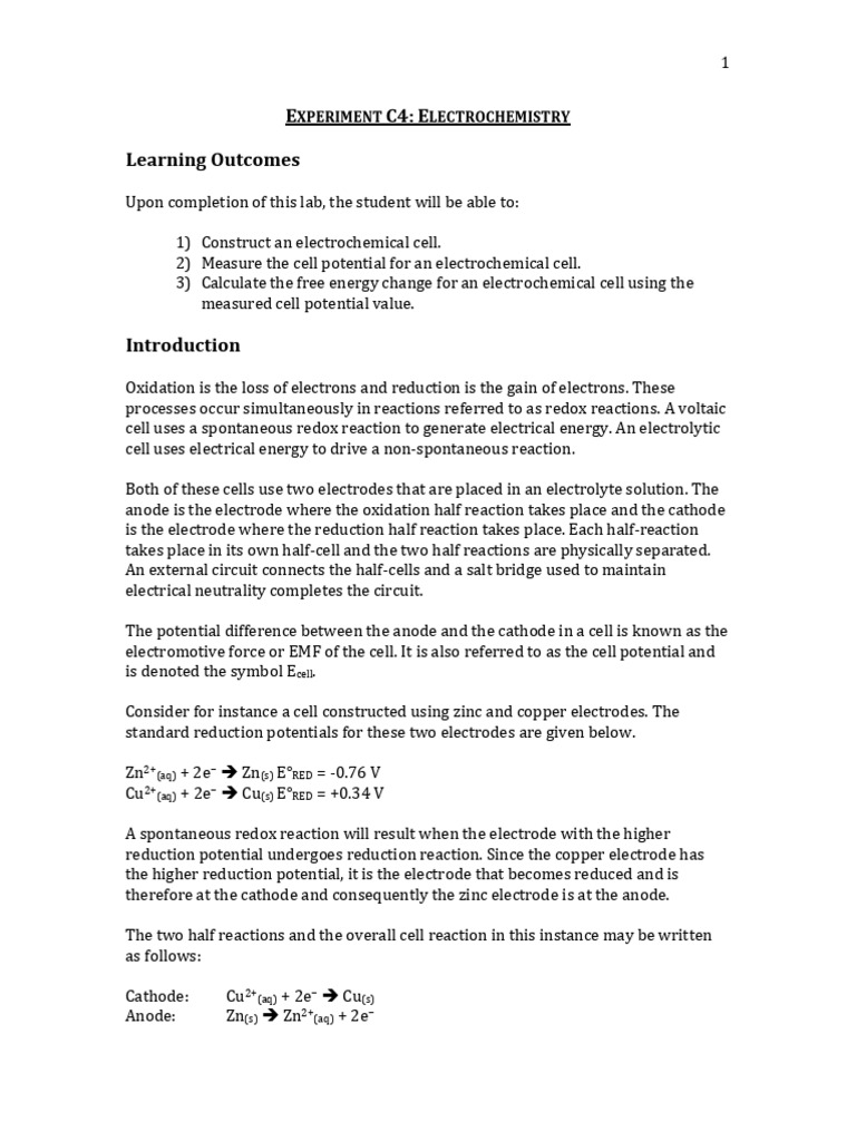 Electrochemical Cell Lab Experiment | PDF | Electrochemistry | Redox