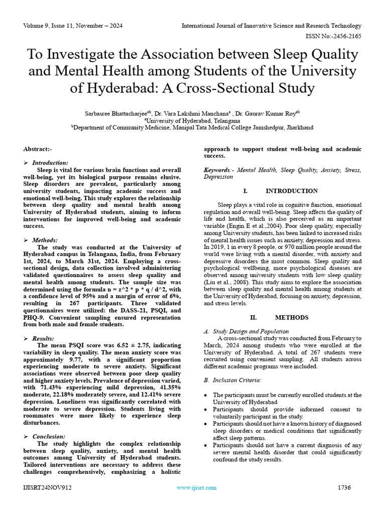To Investigate the Association between Sleep Quality and Mental Health among Students of the ...