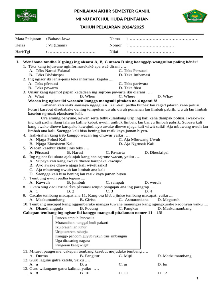 Bank Soal Ganjil 23_Kls 6_B. Jawa | PDF