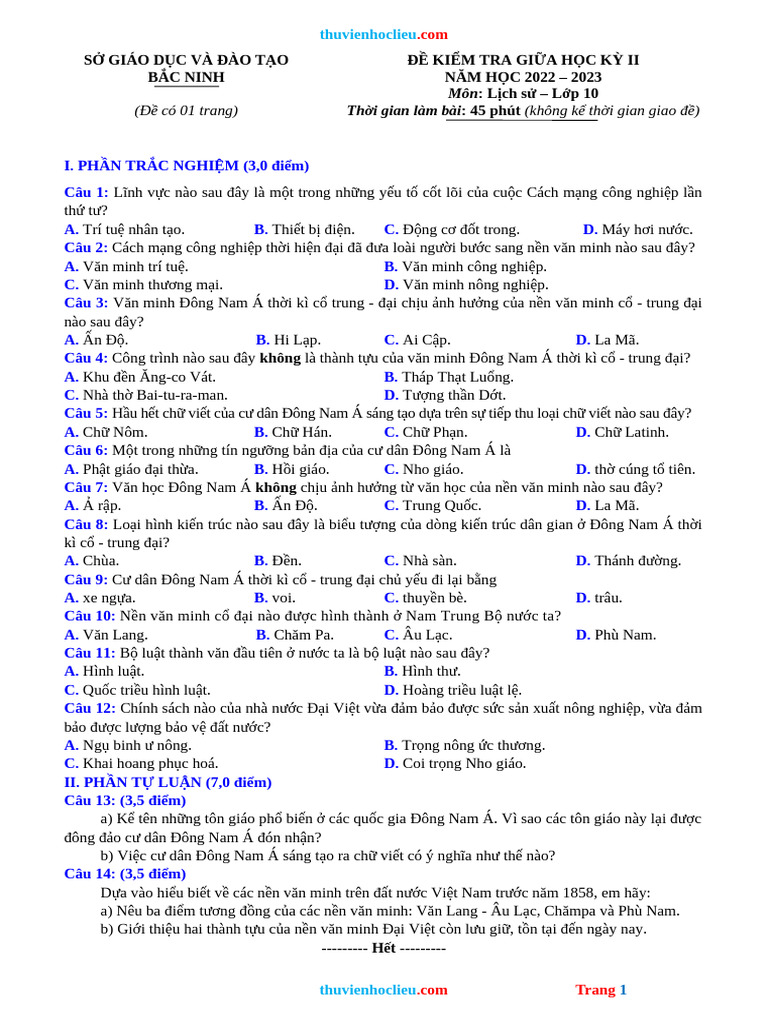 De KT Giua HK2 Lich Su 10 Bac Ninh Nam 22 23 Co Dap An | PDF