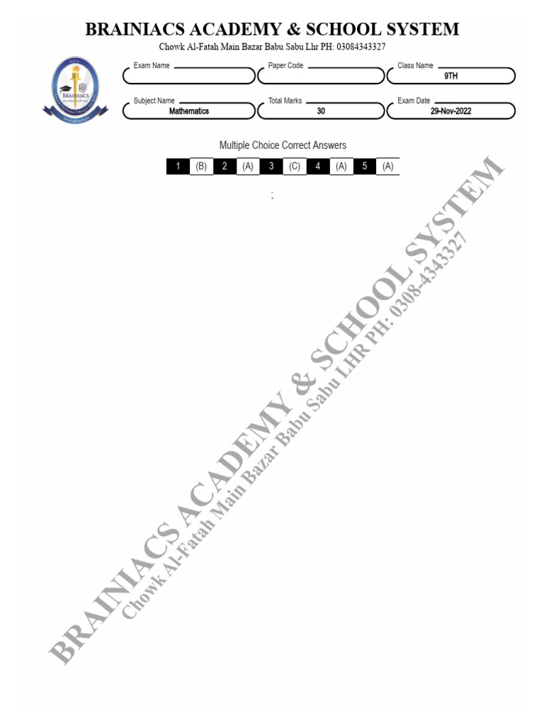 9th Mathematics CH# 3+12 (3rd Theorem) Key | PDF
