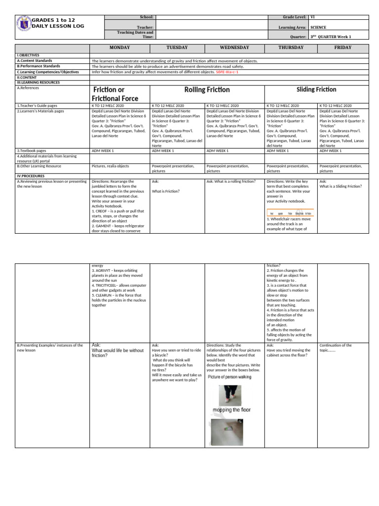 DLL_SCIENCE 6_Q3_W1 | PDF | Friction | Force