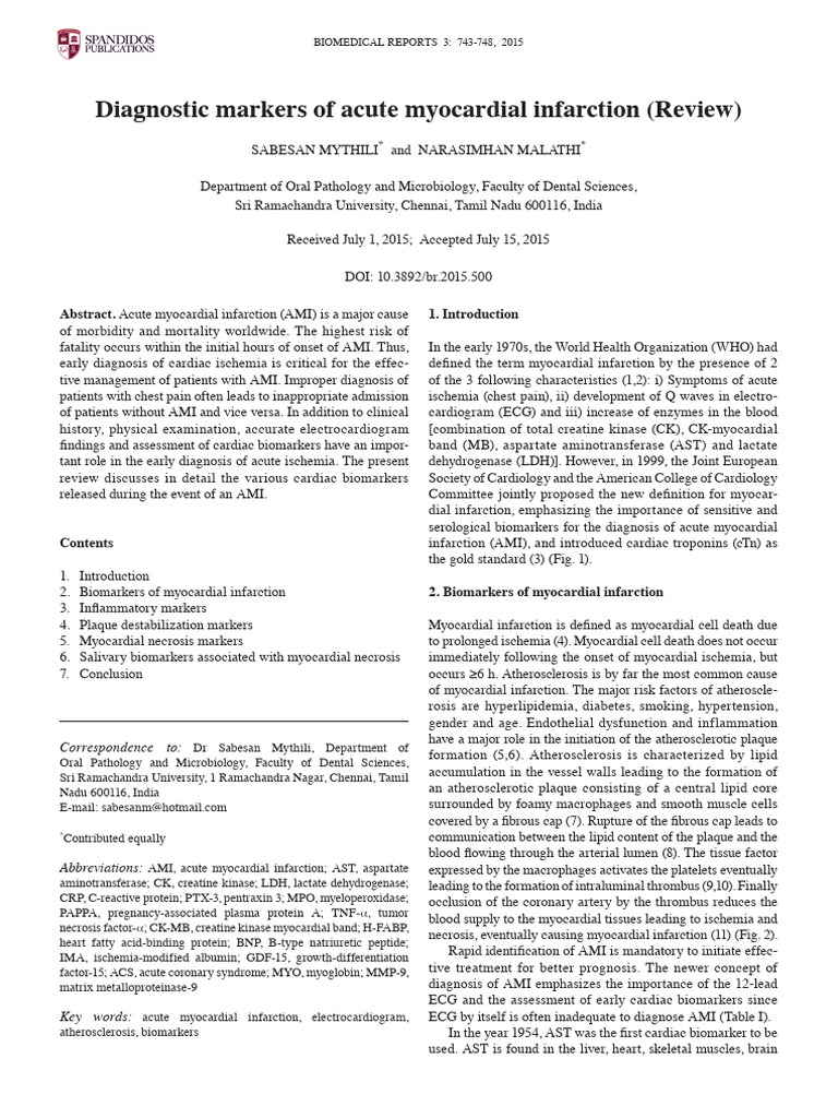 MI - Diagnostic markers | PDF | Myocardial Infarction | Atheroma