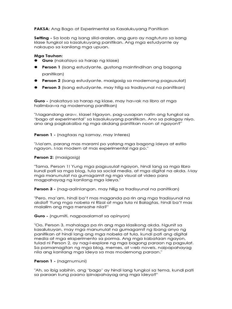 SCRIPT Ang Bago at Experimental Sa Kasalukuyang Panitikan | PDF
