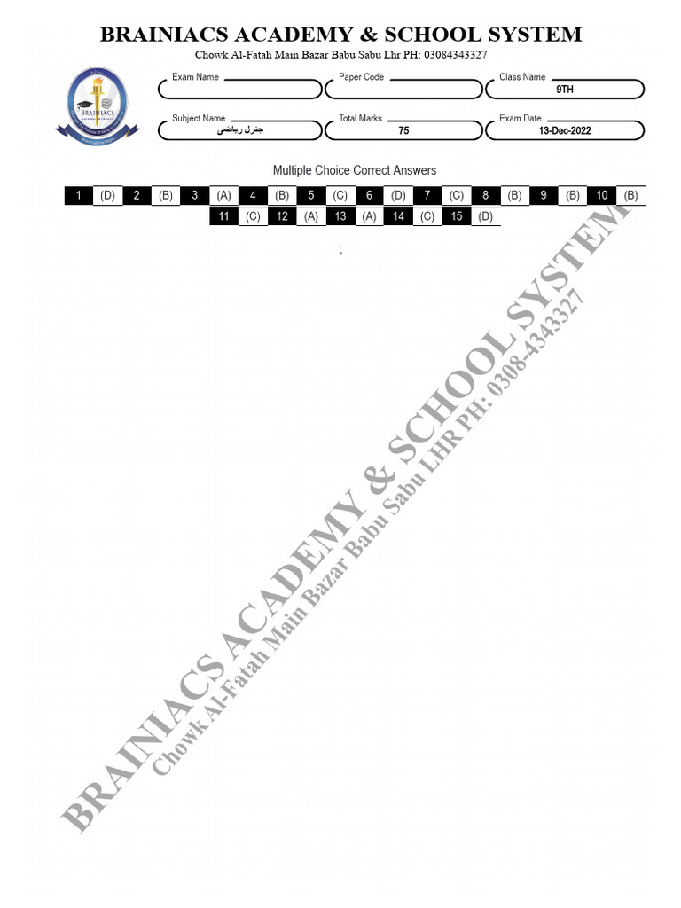 9th Gen. Math. CH# 1 To 4 Key | PDF