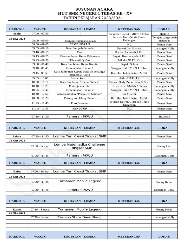 SUSUNAN ACARA HUT SMKN 1 Ke 15 | PDF