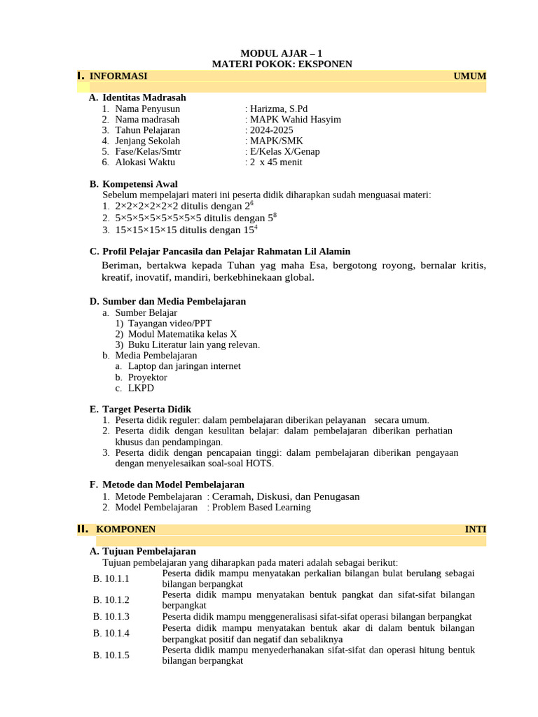 Modul Ajar Eksponen Kelas X SMK | PDF