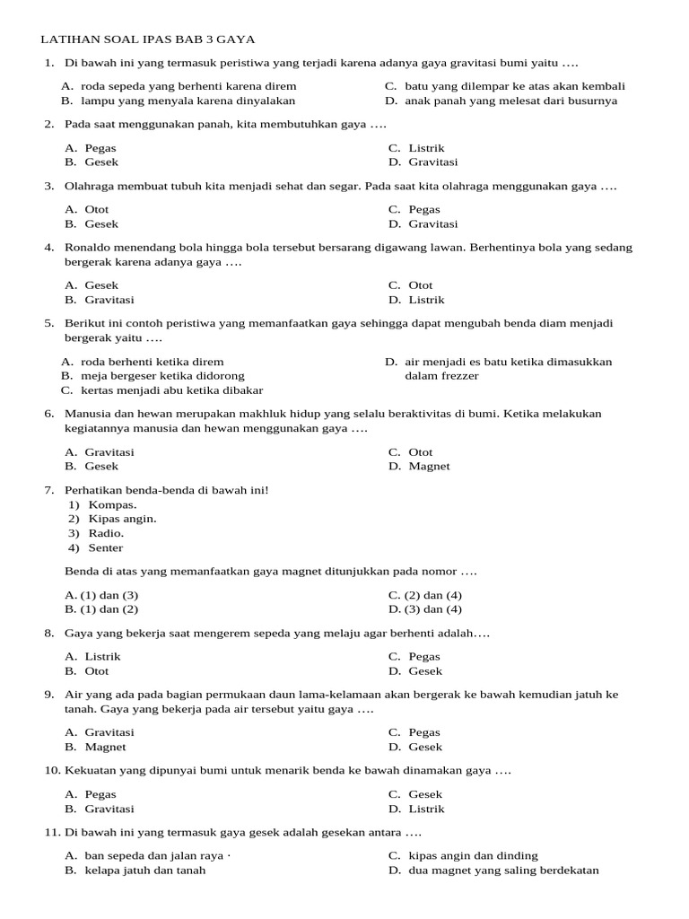 Latihan Soal Ipas Bab 3 Gaya | PDF
