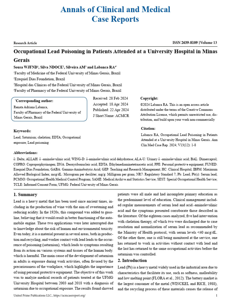 Occupational Lead Poisoning in Patients Attended at A University ...