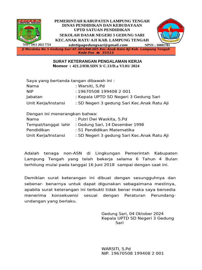 Surat Keterangan Pengalaman Kerja SDN 3 | PDF