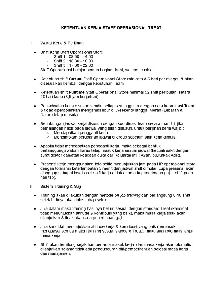 KETENTUAN KERJA STAFF OPERASIONAL TREAT | PDF