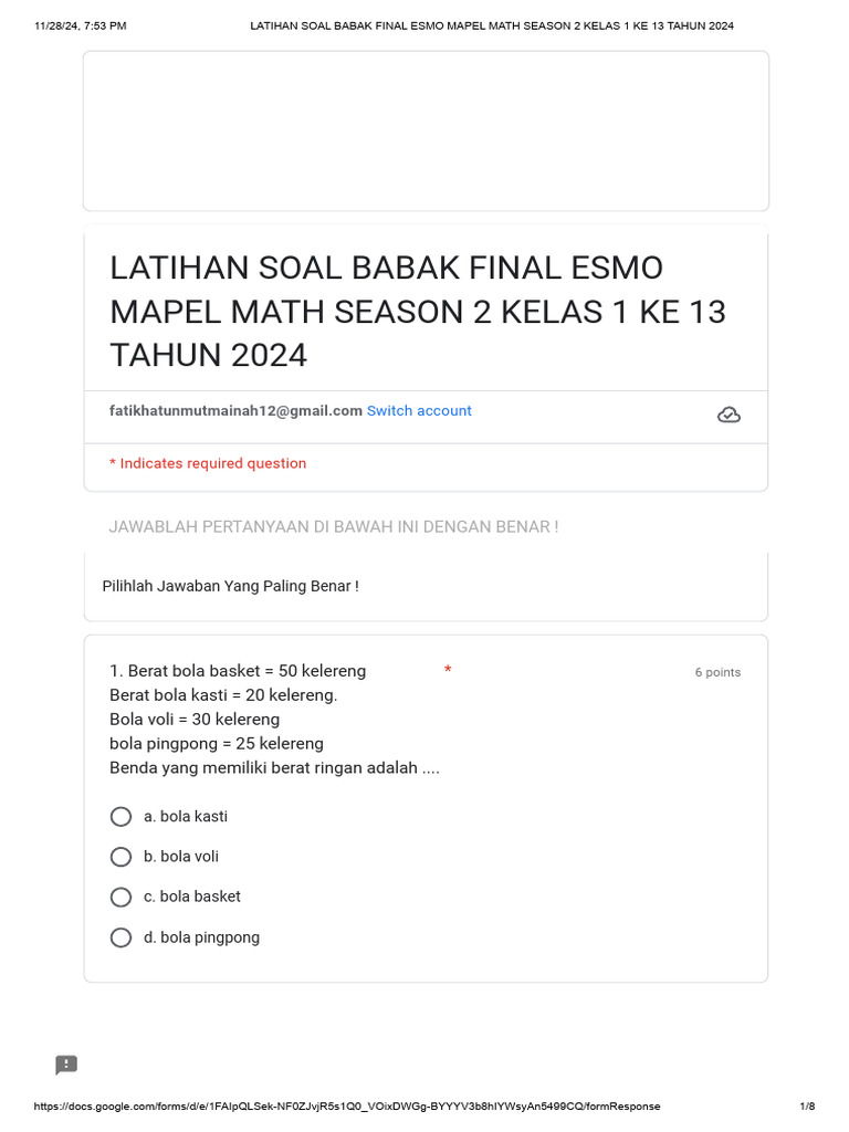 Latihan Soal Math Kelas 1 ESMO 2024 | PDF