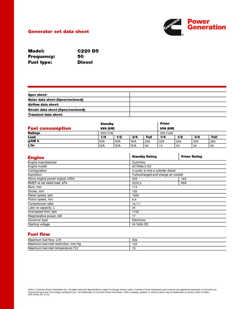 Brochure C220D5 - 6CTAA8.3 G7 | PDF | Diesel Engine | Engines