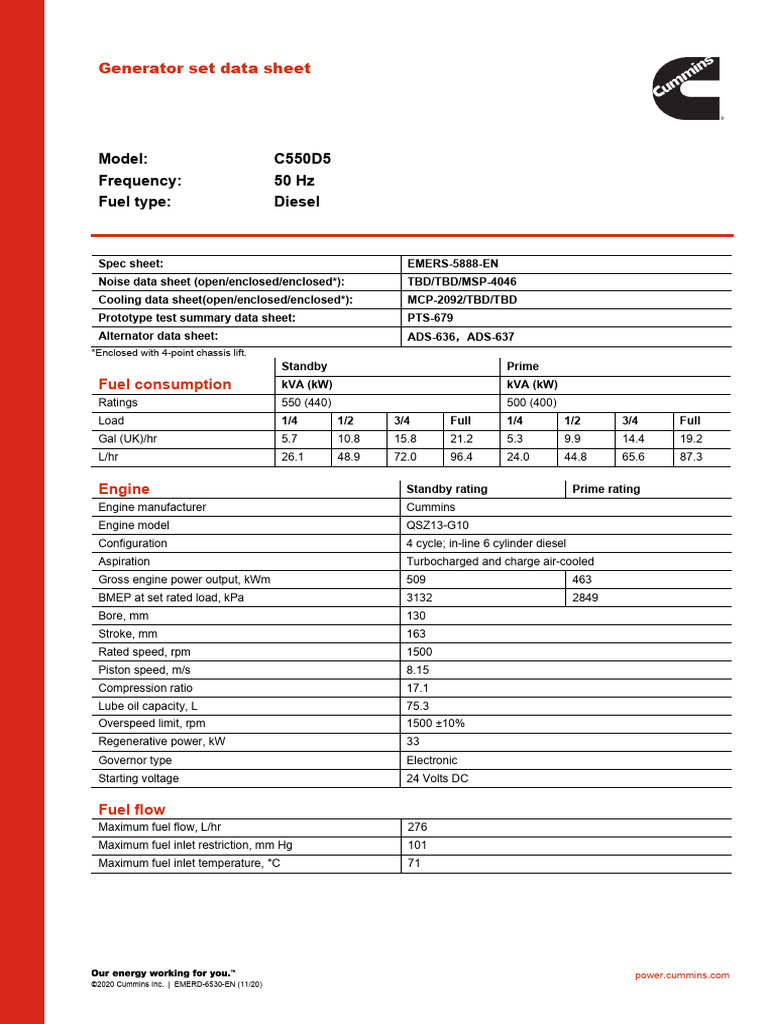 Cummins C550D5 Diesel Generator Specs | PDF | Diesel Engine | Engines