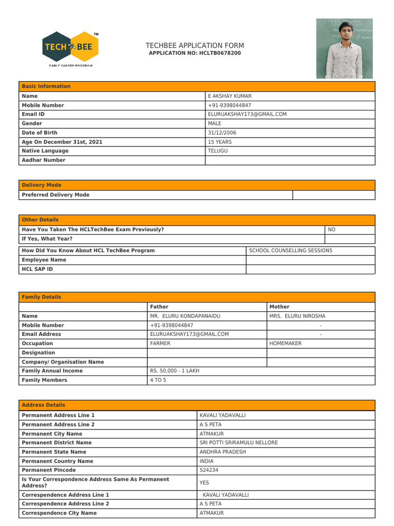 HCL TechBee Application Form 2024 | PDF