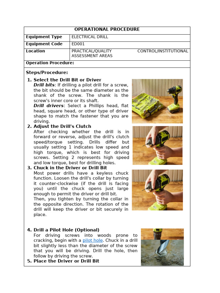 OPERATIONAL PROCEDURE | PDF | Drill | Screw