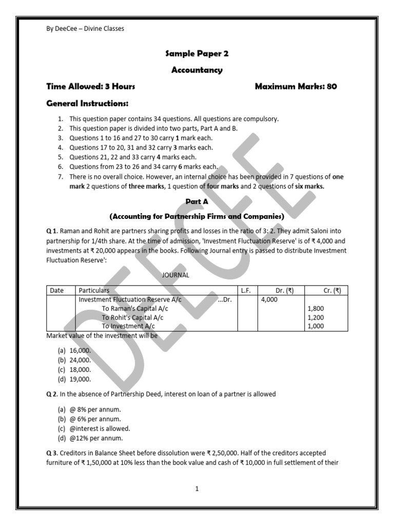 Sample Paper 2 Accountancy Class12th | PDF | Expense | Balance Sheet