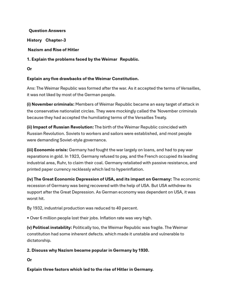 Question Answers of Nazism and The Rise of Hitler | PDF | Weimar ...