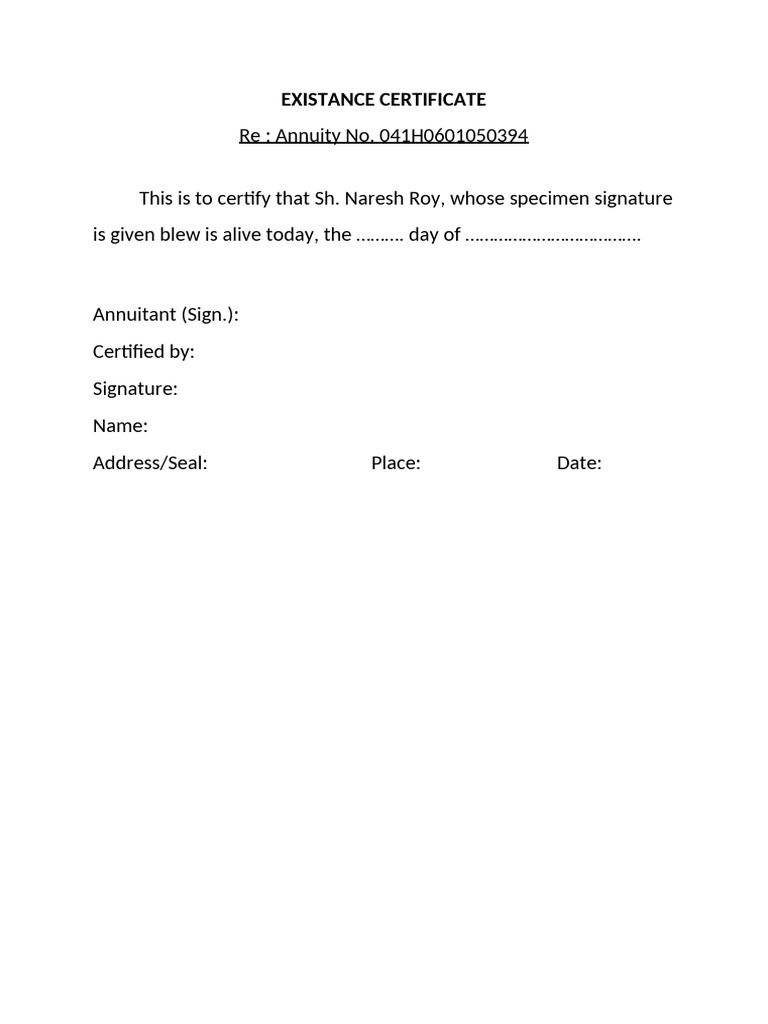 Existence Certificate for Annuity Verification | PDF