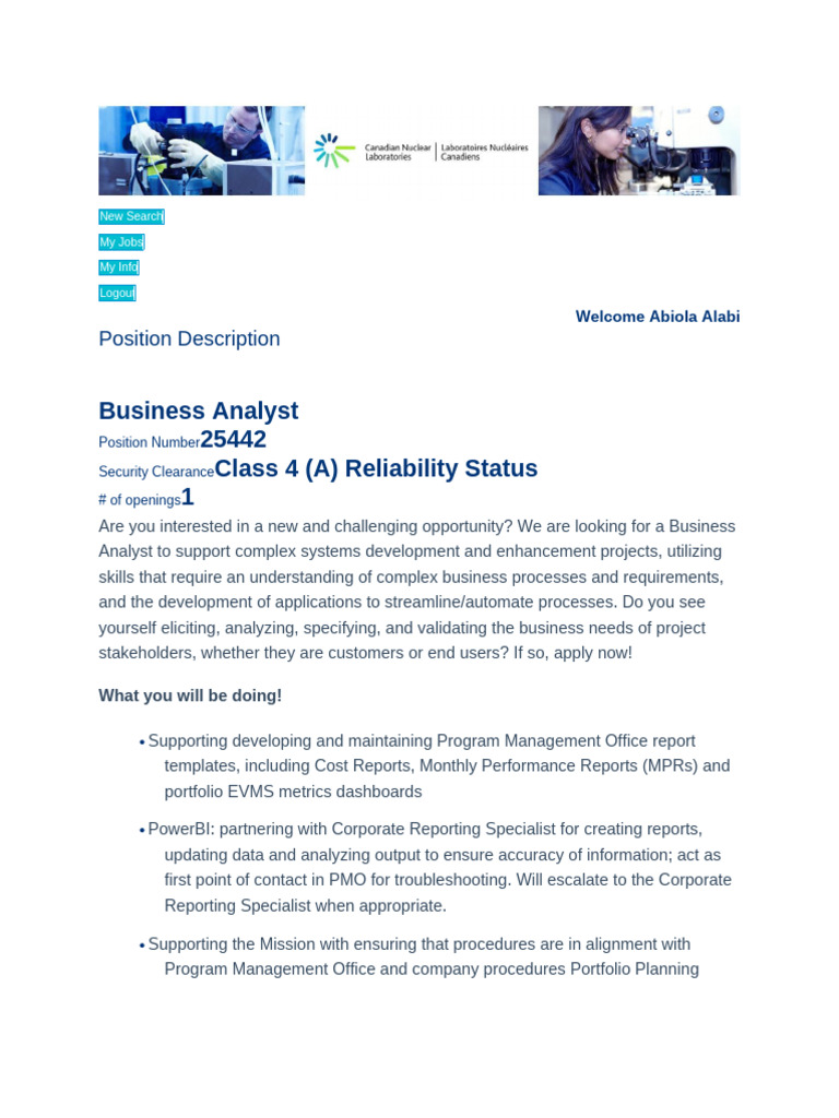 Canadian Nuclear Laboratories BA | PDF | Planning | Experience