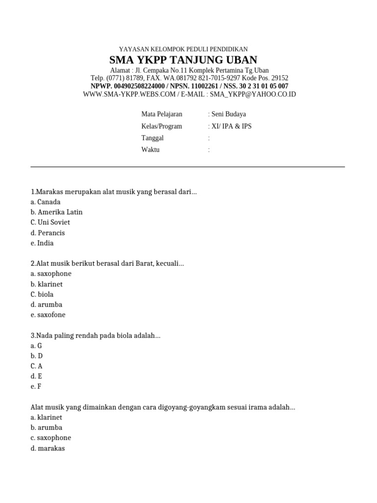 SOAL SENI BUDAYA KELAS 11 | PDF