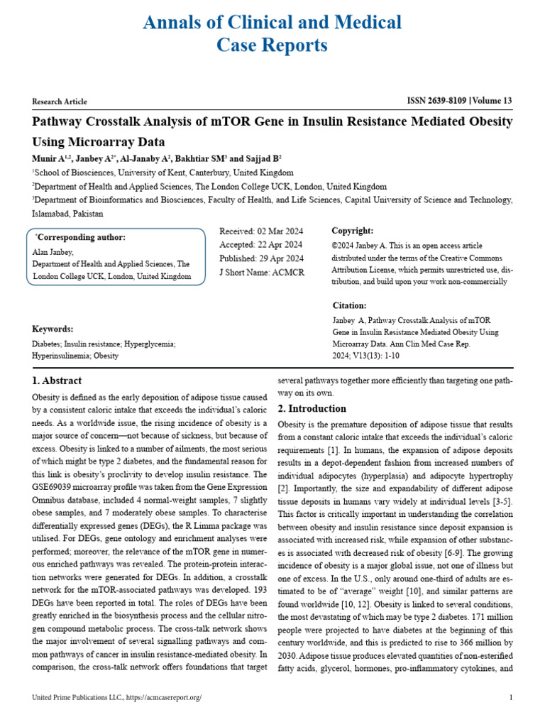 Pathway Crosstalk Analysis of mTOR Gene in Insulin Resistance Mediated Obesity Using Microarray ...