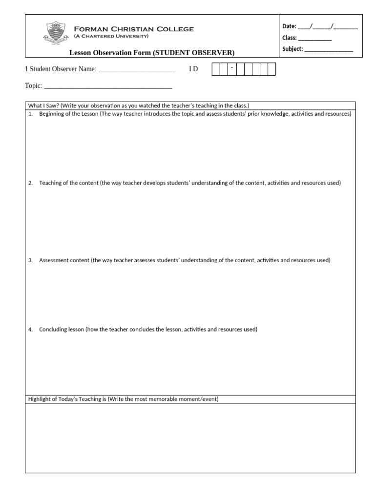 Lesson Observation - For Student Observer-1 | PDF
