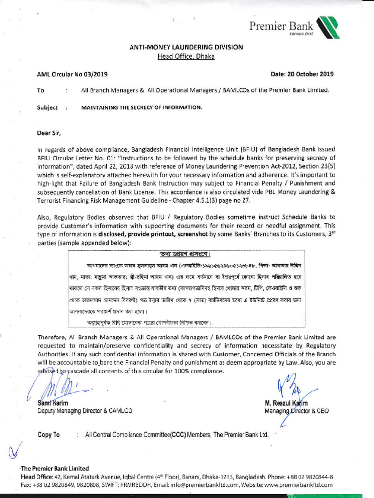 AML Circular No. 03-2019-MAINTAINING THE SECRECY OF INFORMATION. | PDF | Financial Regulation ...
