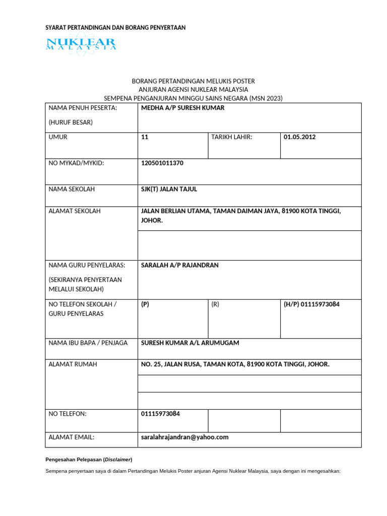 Borang Penyertaan Melukis Poster Sains 2023 Medha | PDF