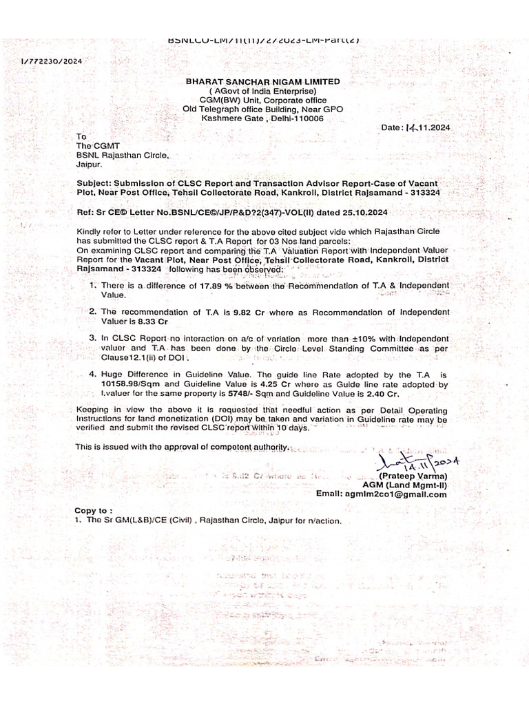 20241114-Letter To CGM Rajasthan Reg Kankroli Land Parcel Discrepancy | PDF