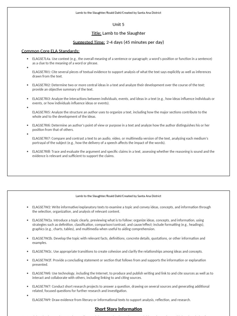 Lamb To The Slaughter Culminating Task | PDF